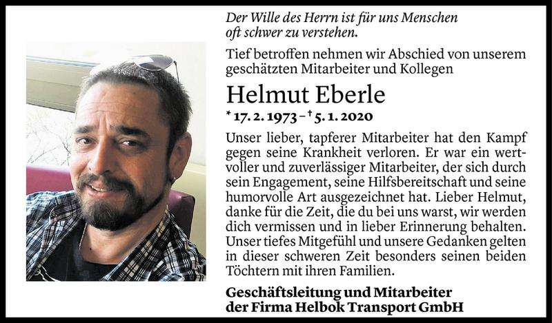 Todesanzeigen von Helmut Eberle | Todesanzeigen Vorarlberger Nachrichten