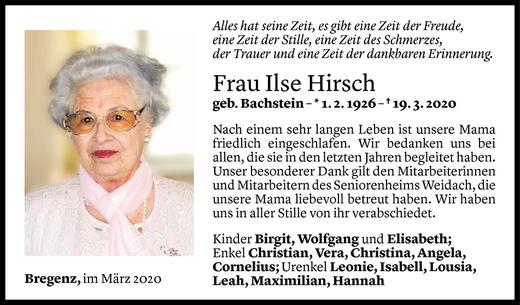 Todesanzeigen von Ilse Hirsch | Todesanzeigen Vorarlberger Nachrichten