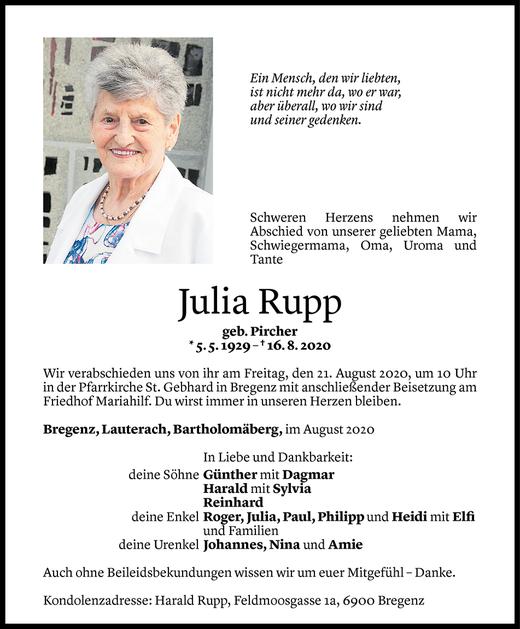Todesanzeigen von Julia Rupp | Todesanzeigen Vorarlberger Nachrichten