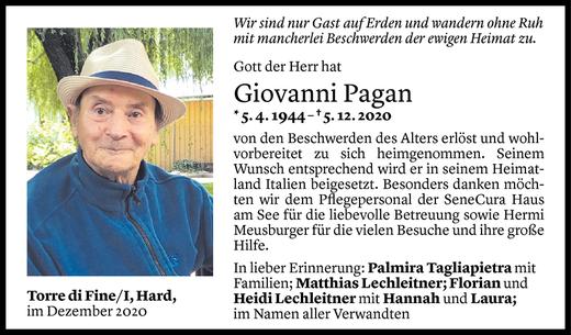 Todesanzeigen von Giovanni Pagan | Todesanzeigen Vorarlberger Nachrichten