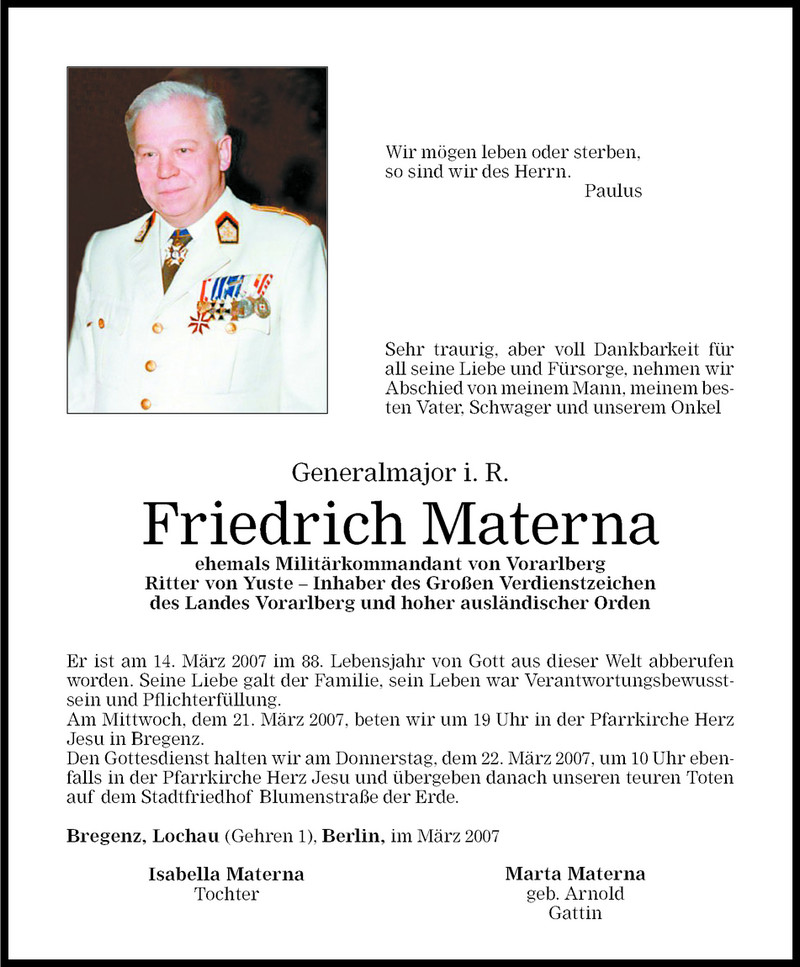 Todesanzeigen von Friedrich Materna | Todesanzeigen Vorarlberger ...