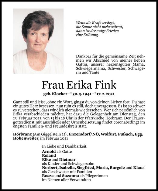 Todesanzeigen von Erika Fink | Todesanzeigen Vorarlberger Nachrichten