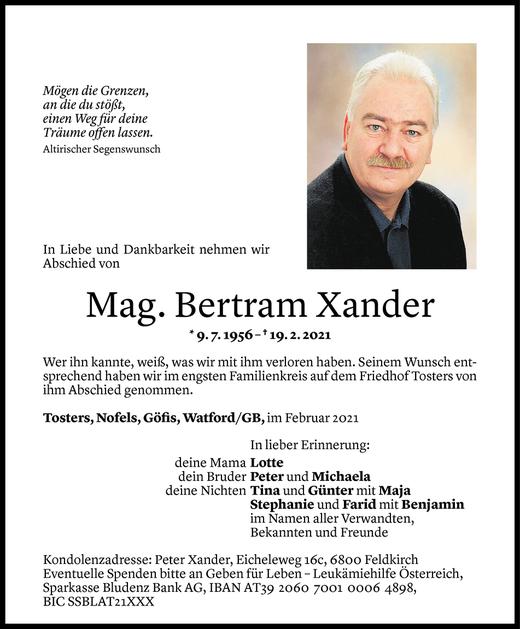 Todesanzeigen von Bertram Xander | Todesanzeigen Vorarlberger Nachrichten
