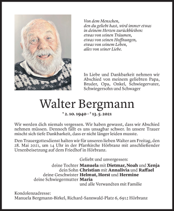Gedenkkerzen von Walter Bergmann | Todesanzeigen Vorarlberger Nachrichten