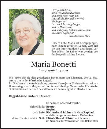 Todesanzeigen von Maria Bonetti | Todesanzeigen Vorarlberger Nachrichten
