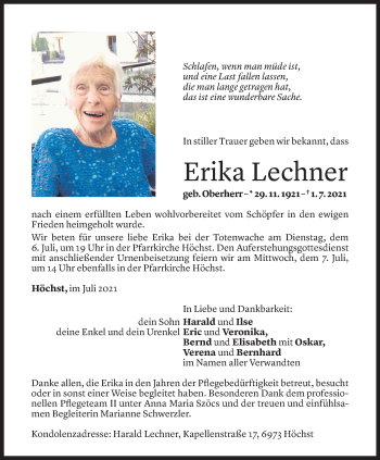 Todesanzeigen von Erika Lechner | Todesanzeigen Vorarlberger Nachrichten