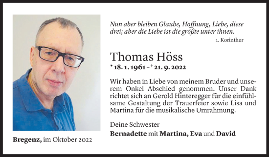 Todesanzeigen von Thomas Höss | Todesanzeigen Vorarlberger Nachrichten