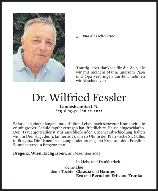 Todesanzeigen von Wilfried Fessler | Todesanzeigen Vorarlberger Nachrichten