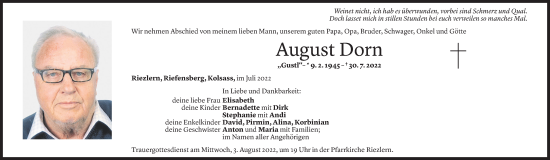 Todesanzeigen von August Dorn | Todesanzeigen Vorarlberger Nachrichten