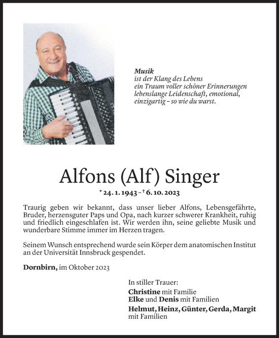 Todesanzeigen von Alfons Singer | Todesanzeigen Vorarlberger Nachrichten