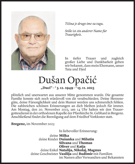 Todesanzeigen von Dusan Opacic | Todesanzeigen Vorarlberger Nachrichten