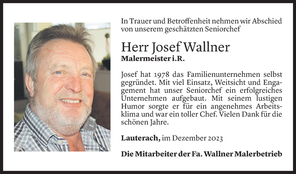 Todesanzeigen von Josef Wallner | Todesanzeigen Vorarlberger Nachrichten