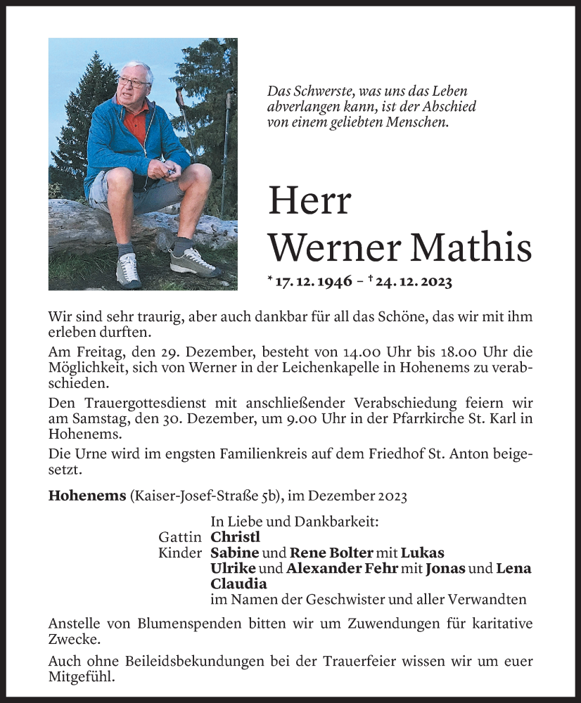 Todesanzeigen von Werner Mathis | Todesanzeigen Vorarlberger Nachrichten