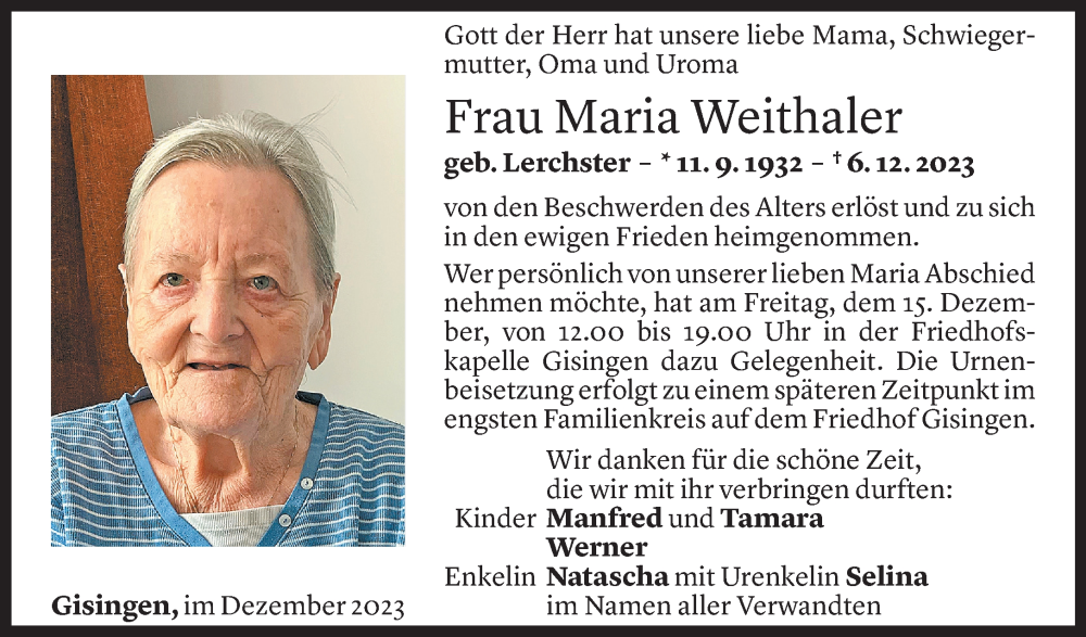 Todesanzeigen von Maria Weithaler | Todesanzeigen Vorarlberger Nachrichten
