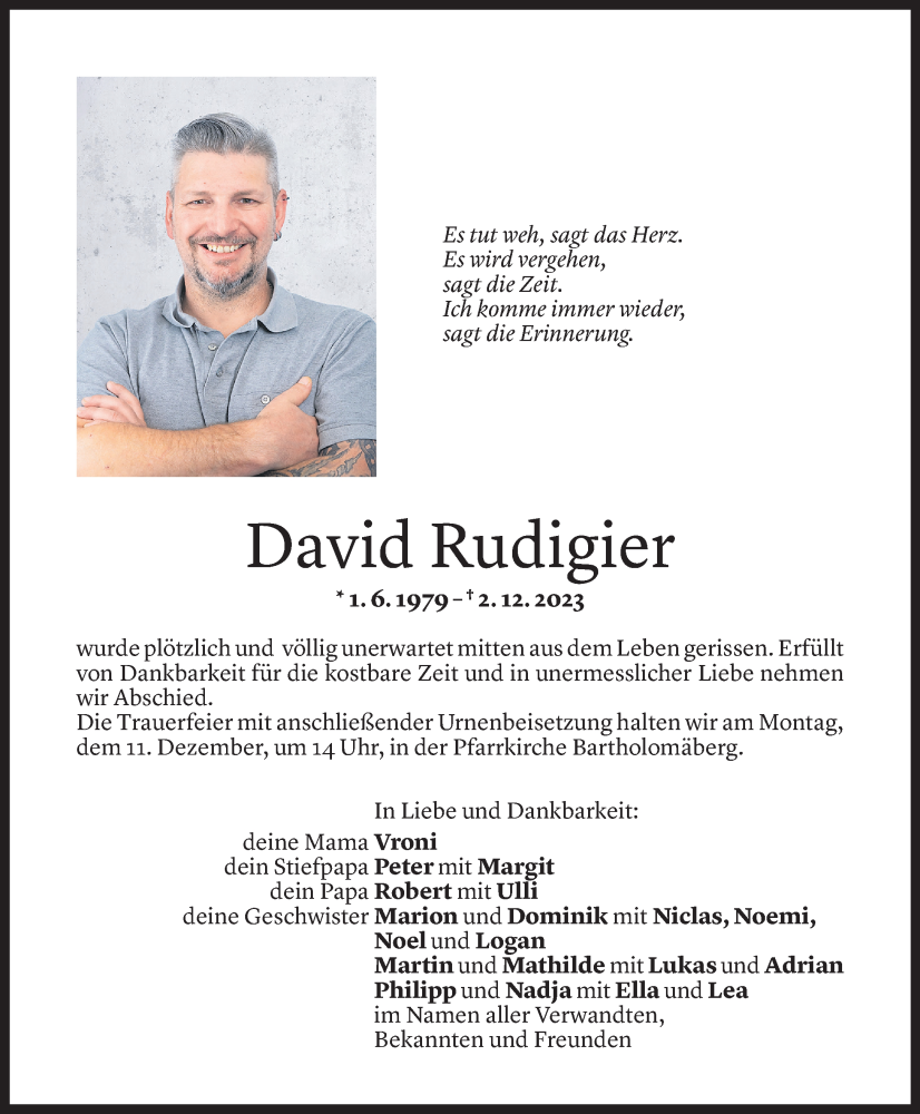 Todesanzeigen von David Rudigier | Todesanzeigen Vorarlberger Nachrichten