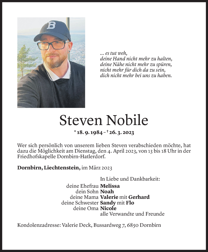 Todesanzeigen von Steven Nobile | Todesanzeigen Vorarlberger Nachrichten