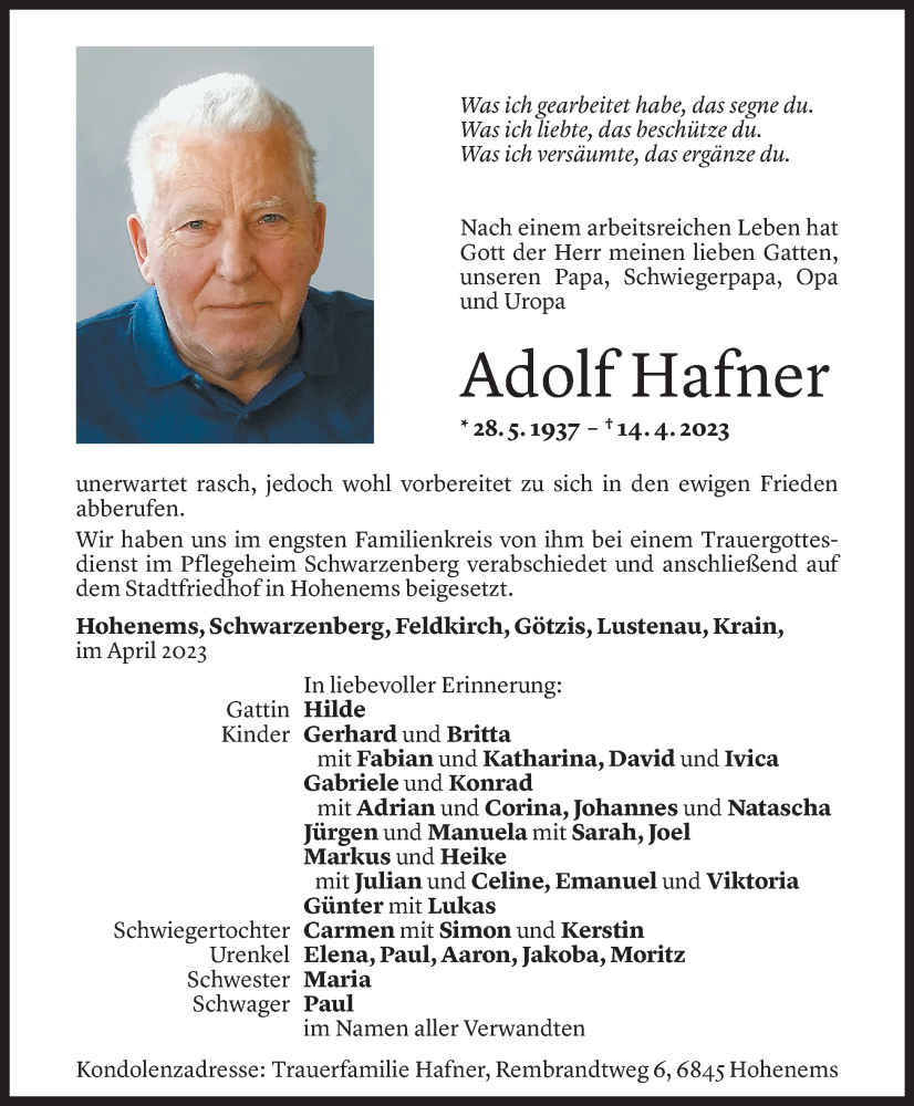 Todesanzeigen von Adolf Hafner | Todesanzeigen Vorarlberger Nachrichten