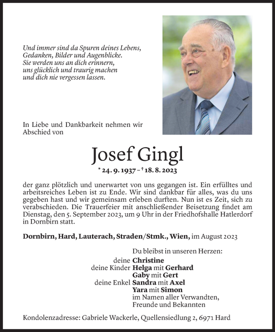 Todesanzeigen von Josef Gingl | Todesanzeigen Vorarlberger Nachrichten