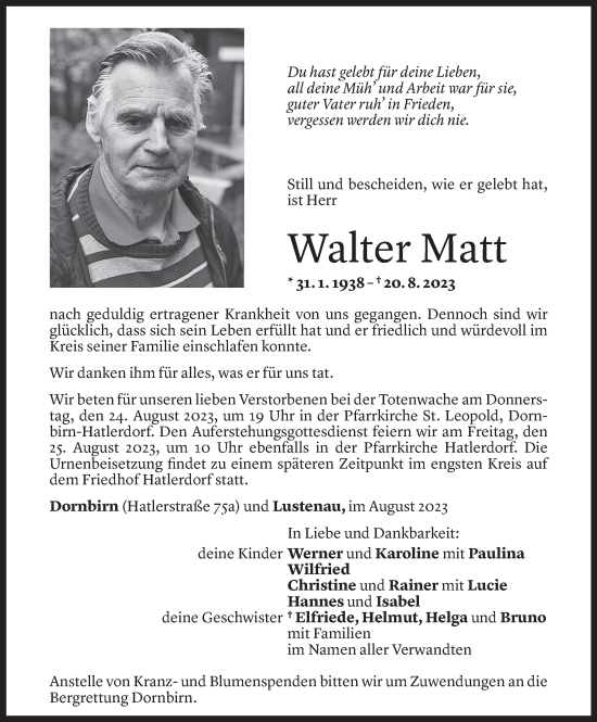 Todesanzeigen von Walter Matt | Todesanzeigen Vorarlberger Nachrichten