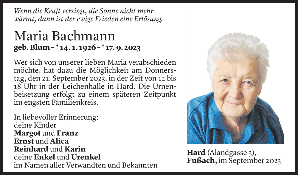 Todesanzeigen von Maria Bachmann | Todesanzeigen Vorarlberger Nachrichten