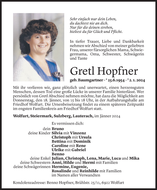 Todesanzeigen von Gretl Hopfner | Todesanzeigen Vorarlberger Nachrichten