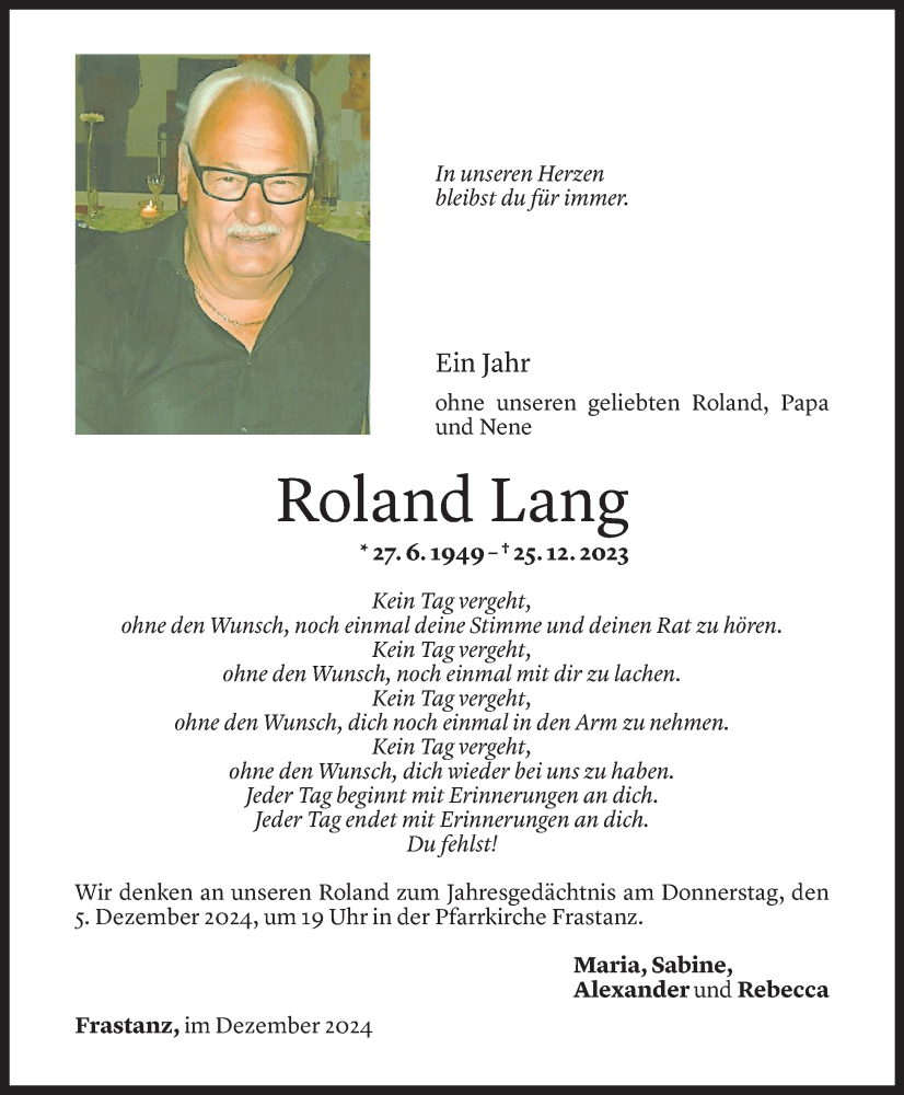 Todesanzeigen von Roland Lang | Todesanzeigen Vorarlberger Nachrichten