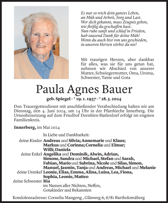 Todesanzeigen von Paula Agnes Bauer | Todesanzeigen Vorarlberger ...