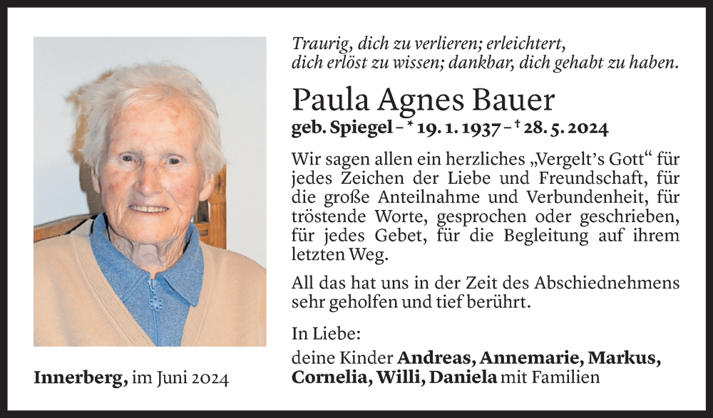 Todesanzeigen von Paula Agnes Bauer | Todesanzeigen Vorarlberger ...