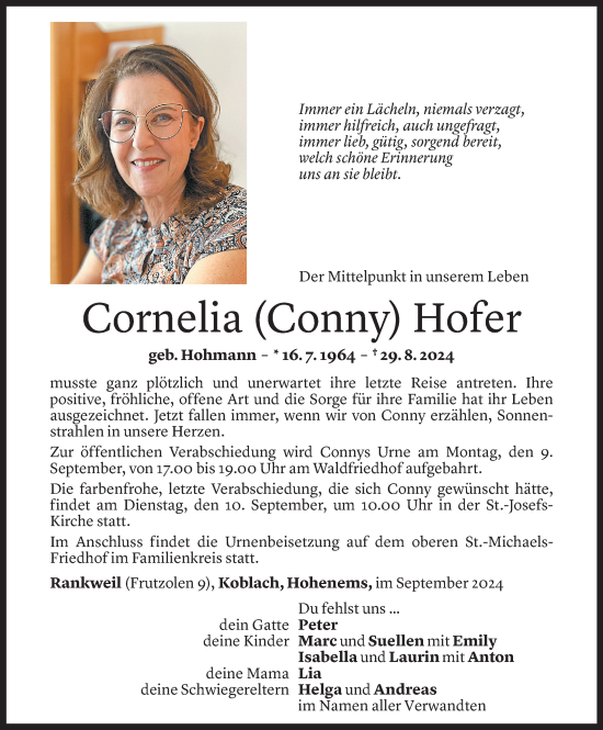 Todesanzeigen von Cornelia Hofer | Todesanzeigen Vorarlberger Nachrichten