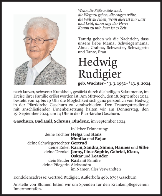Todesanzeigen von Hedwig Rudigier | Todesanzeigen Vorarlberger Nachrichten