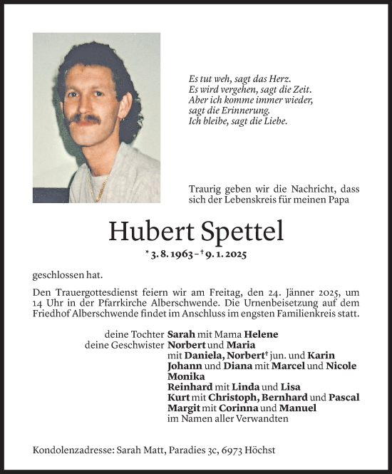Todesanzeigen von Hubert Spettel | Todesanzeigen Vorarlberger Nachrichten