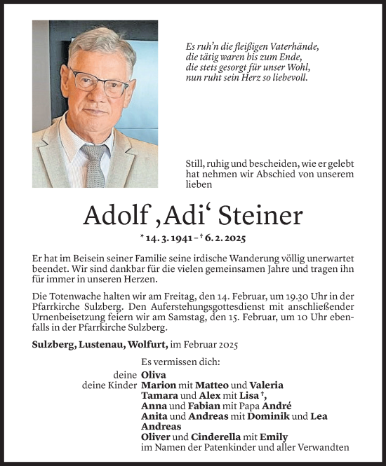 Todesanzeigen von Adolf Steiner | Todesanzeigen Vorarlberger Nachrichten