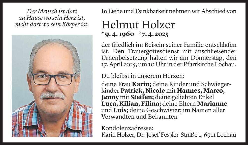 Todesanzeigen von Helmut Holzer | Todesanzeigen Vorarlberger Nachrichten