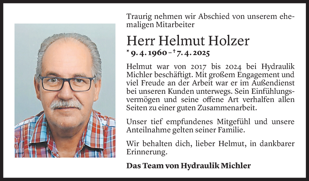 Todesanzeigen von Helmut Holzer | Todesanzeigen Vorarlberger Nachrichten