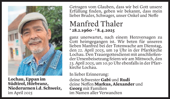 Todesanzeigen von Manfred Thaler | Todesanzeigen Vorarlberger Nachrichten