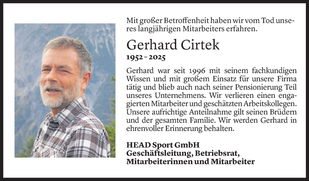 Todesanzeigen von Gerhard Cirtek | Todesanzeigen Vorarlberger Nachrichten