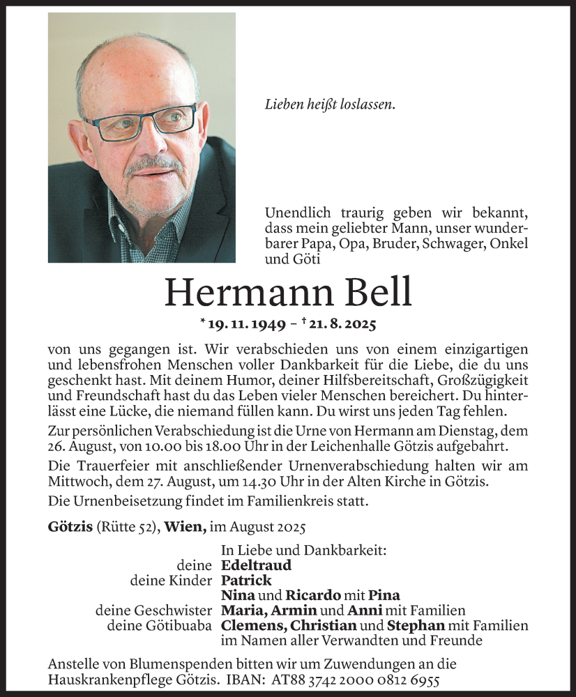 Todesanzeigen von Hermann Bell | Todesanzeigen Vorarlberger Nachrichten