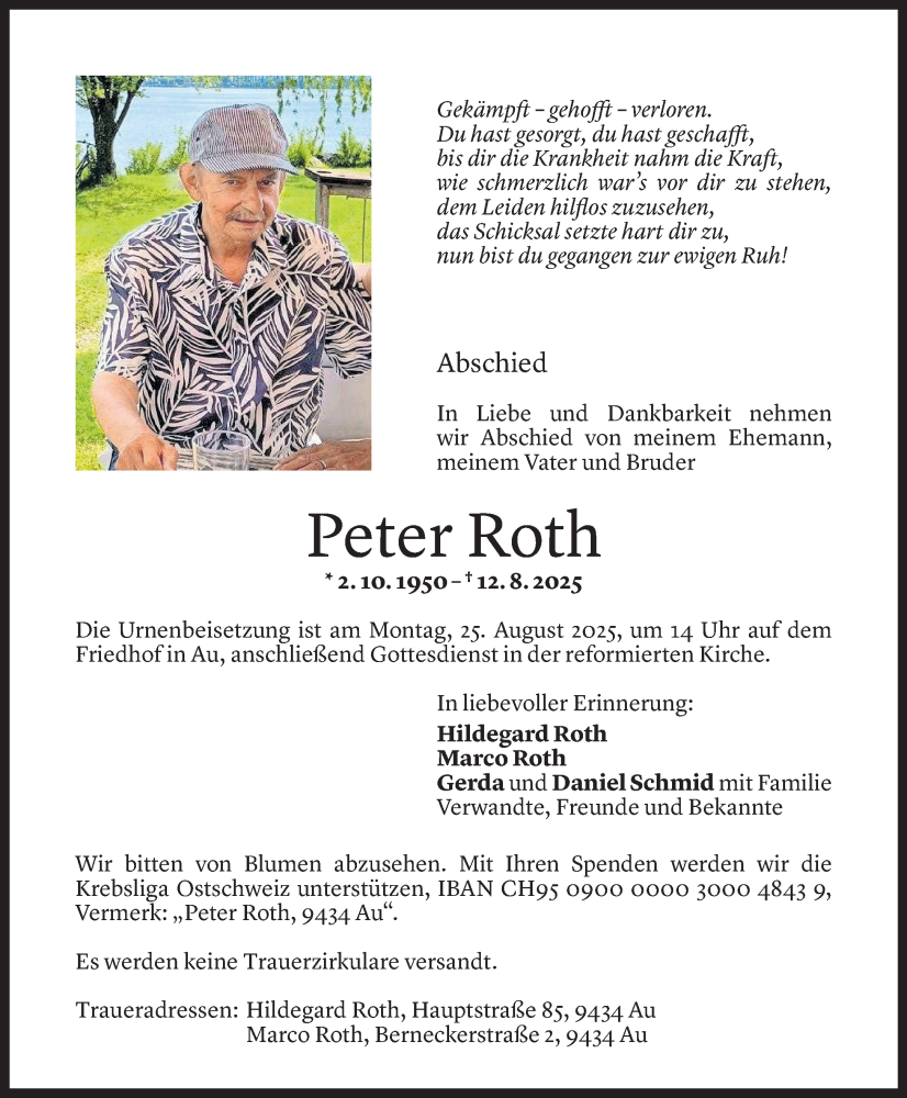 Todesanzeigen von Peter Roth | Todesanzeigen Vorarlberger Nachrichten