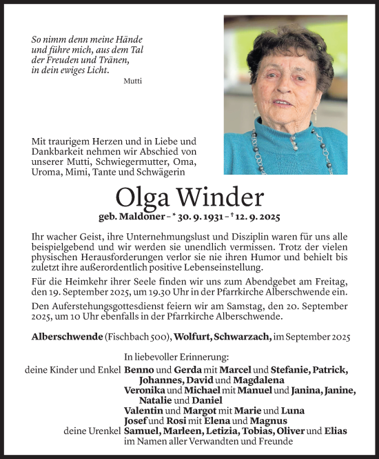 Todesanzeigen von Olga Winder | Todesanzeigen Vorarlberger Nachrichten
